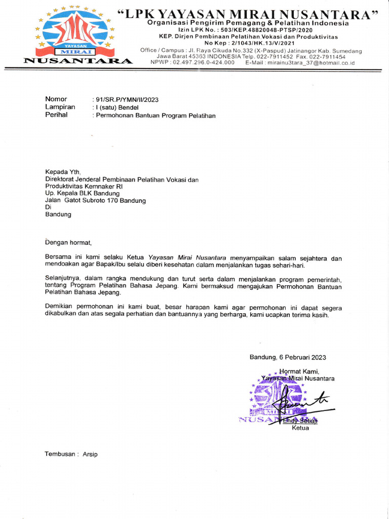 Surat Permohonan Bantuan Program Pelatihan 1 | PDF