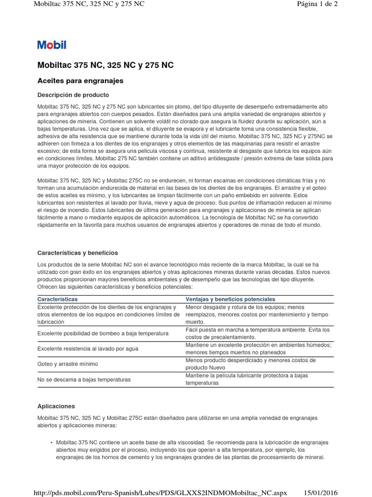 Hoja Técnica Mobiltac 325 Nc | PDF | Engranaje | Lubricante