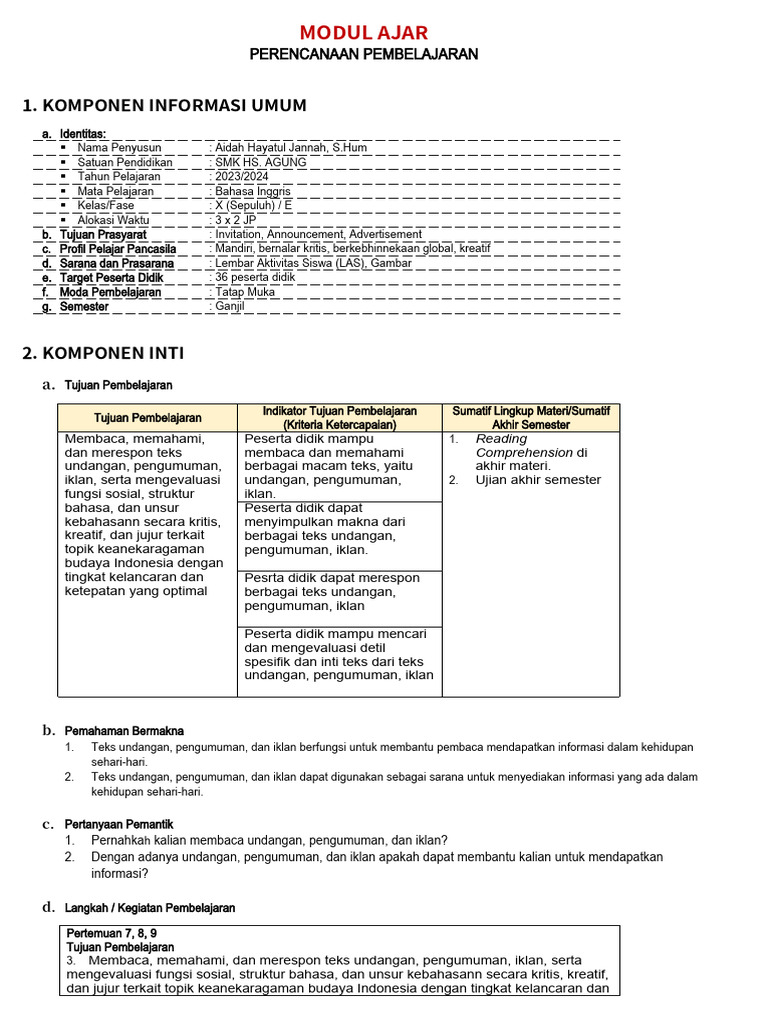 MODUL AJAR 3 INVITATION, ANNOUNCEMENT, ADVERTISEMENT (1) | PDF