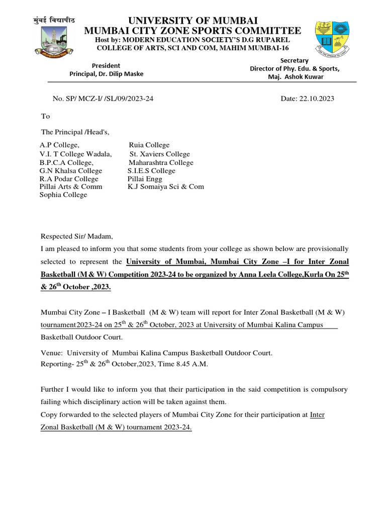 Basketball Selection Letter Men & Women MUZ-I | PDF