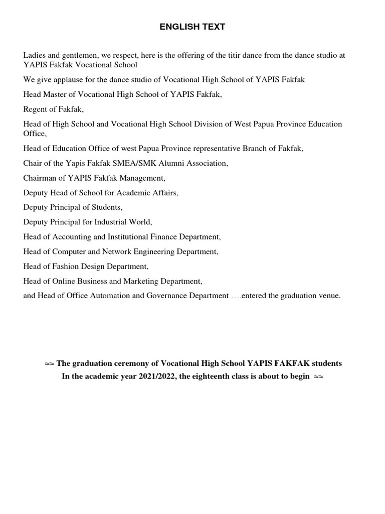 Teks MC Bahasa Inggris Wisuda 2021-2022 | PDF