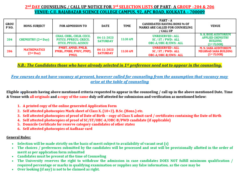 2nd Day Call Up Counselling Notice For 3rd Selection List of PART-A ...