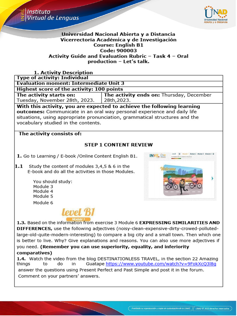 Activities Guide and Evaluation Rubric - Unit 3 - Task 4 - Oral Production - Lets Talk | PDF ...