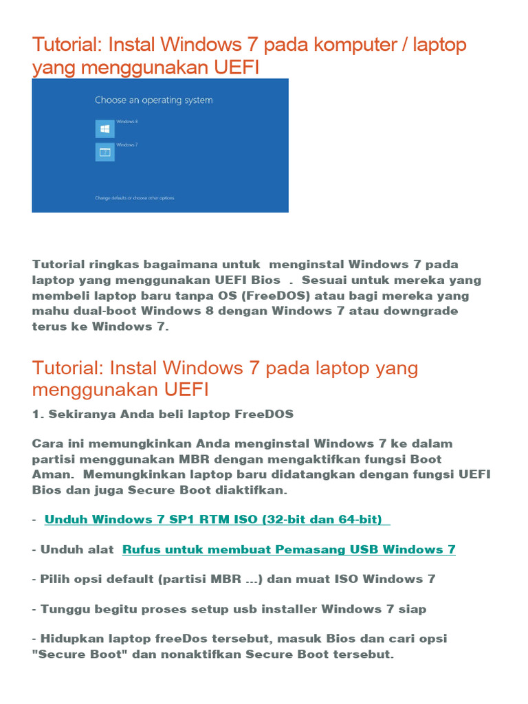 Instal Windows 7 Pada Laptop Yang Menggunakan UEFI | PDF