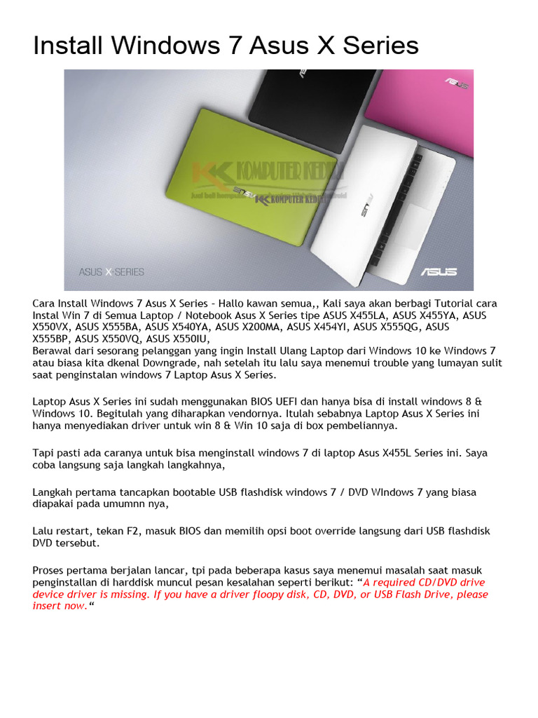 Install Windows 7 Asus X Series | PDF