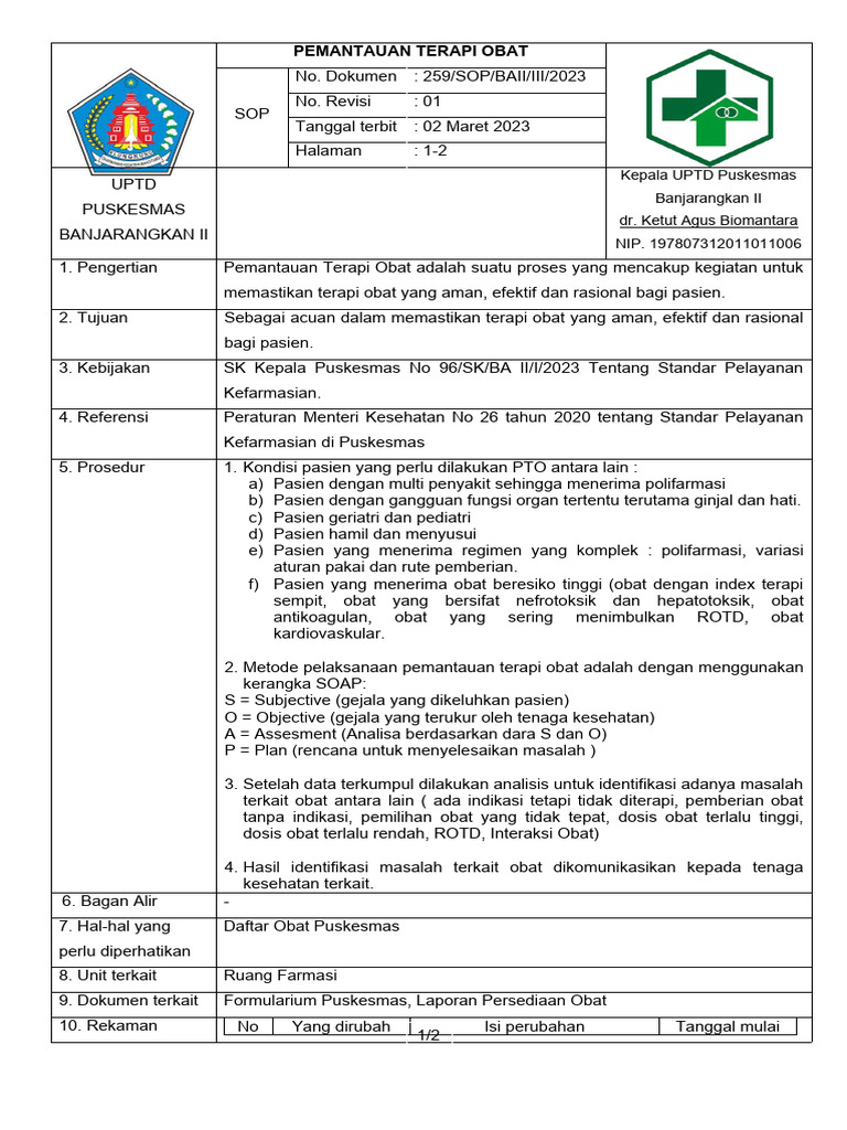 SOP PEMANTAUAN TERAPI OBAT Banjarangkan | PDF