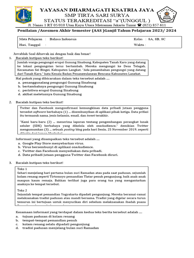 Soal Pas BHS Indo Kelas 8a, 8B, 8C | PDF | Ilmu Sosial | Perjalanan