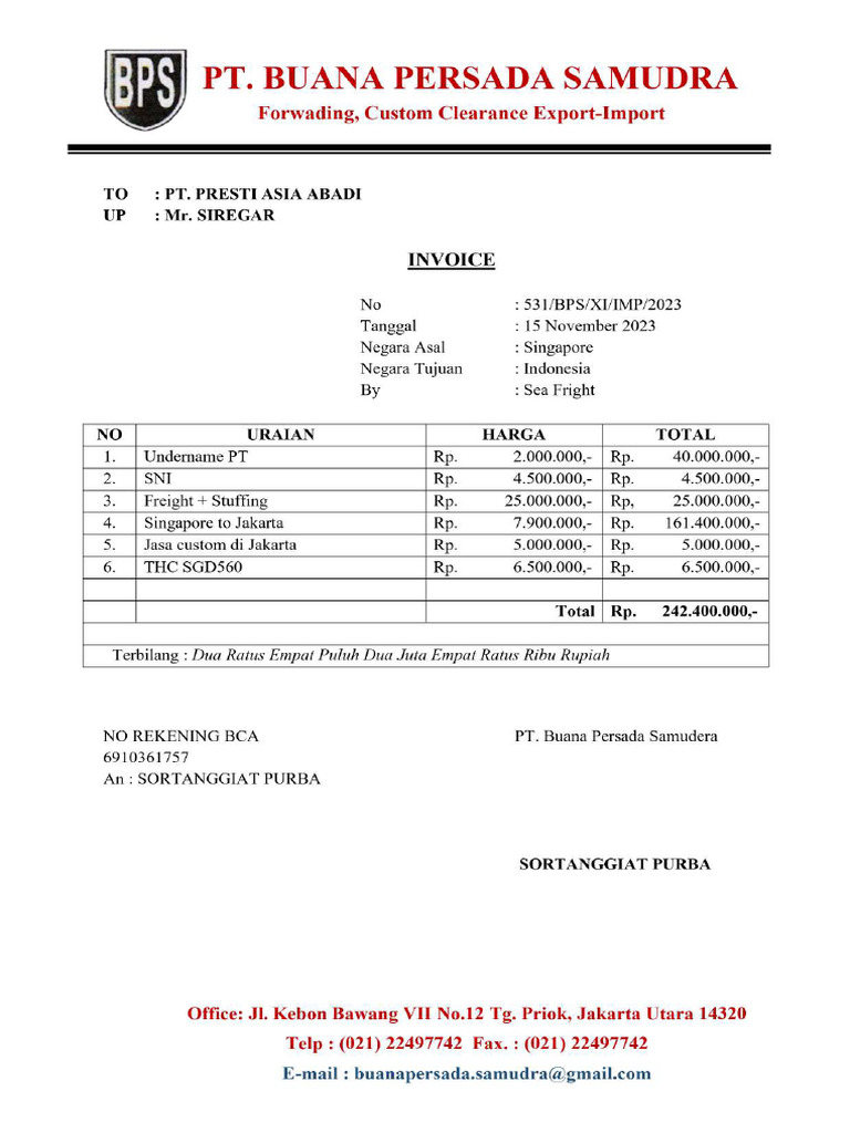 Invoice 531 PT. PRESTI ASIA ABADI | PDF