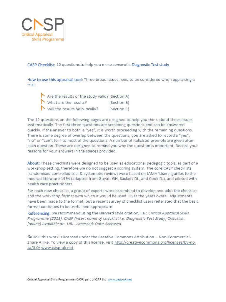 CASP Diagnostic Checklist 2018 - Fillable - Form | PDF | Sensitivity ...