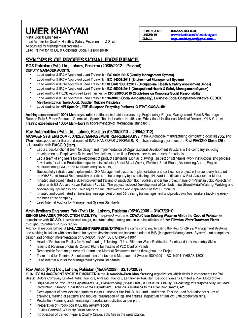 Umer CV - UPDATED PROFILE | PDF | Iso 9000 | Occupational Safety And Health