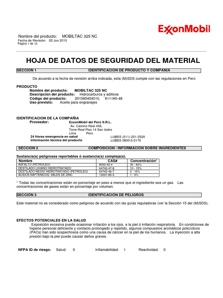 Msds - Mobiltac 325 NC | PDF | Agua | Ventilación (Arquitectura)