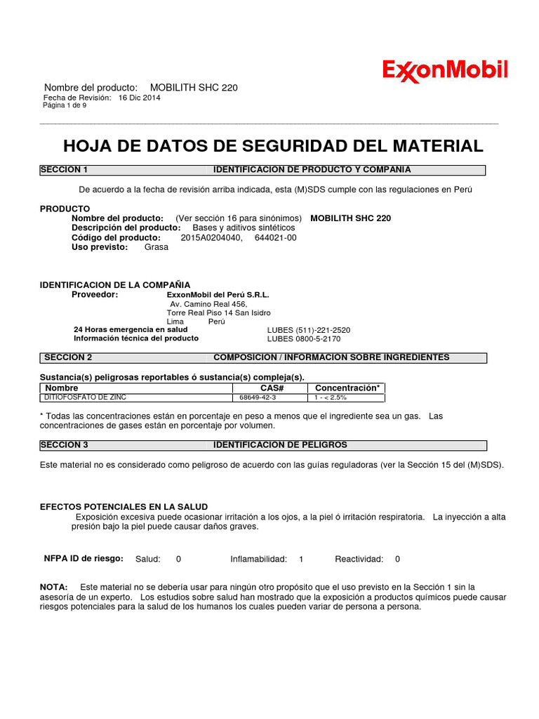 Msds_mobilith Shc 220 (1) | PDF | Ventilación (Arquitectura) | Higiene