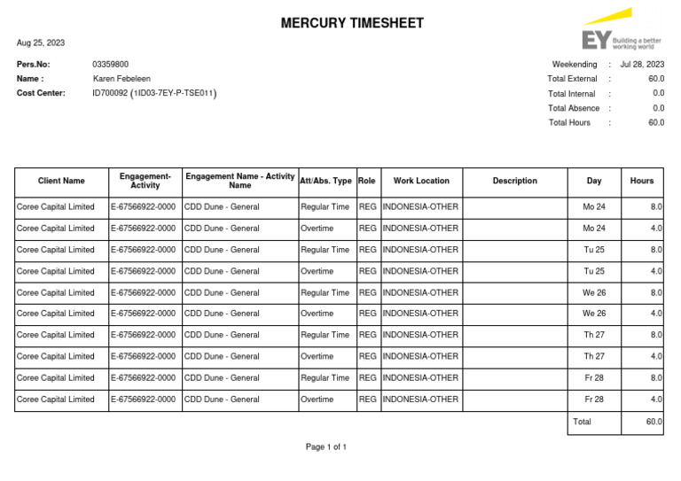 Mercury Timesheet: Pers - No: Name: Cost Center | PDF