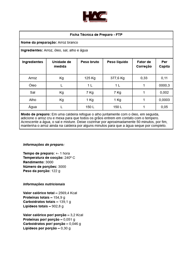Ficha Técnica de Preparo - Arroz | PDF Ficha Técnica de Preparo - Arroz | PDF