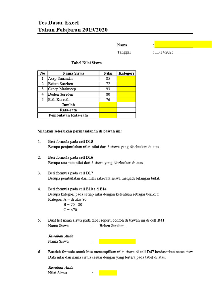 Tes Excel untuk Siswa | PDF | Metode & Bahan Ajar