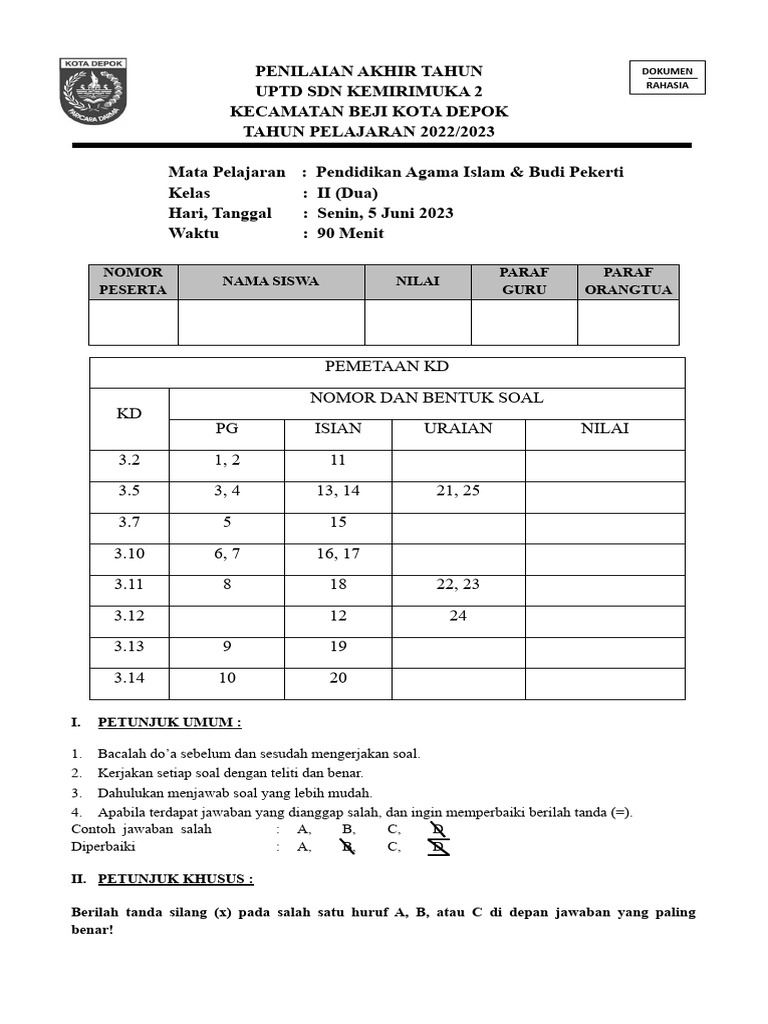 Soal Pat Pai Kls 2 2023 | PDF