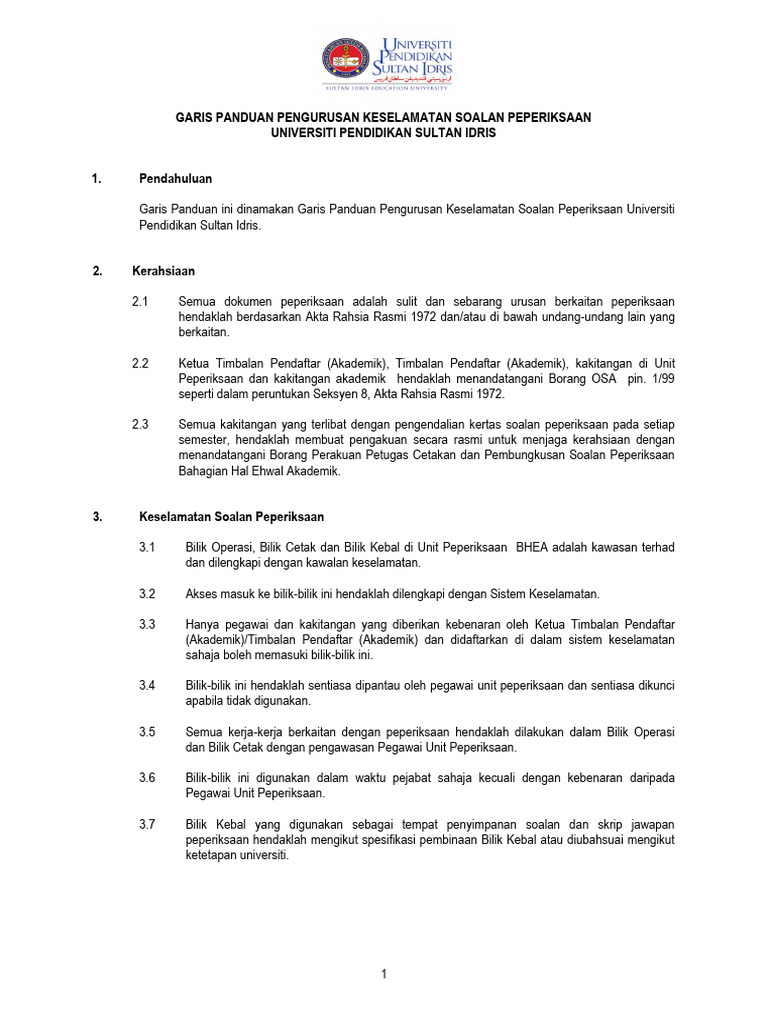 Garis Panduan Pengurusan Keselamatan Soalan Peperiksaan | PDF