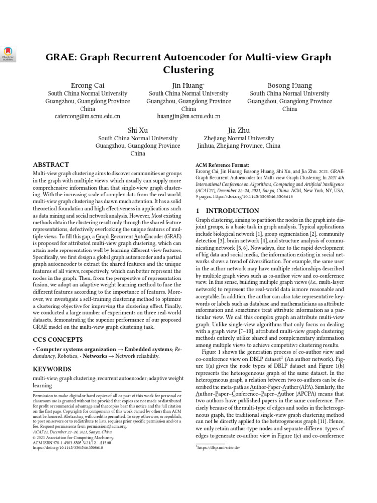 Grae Graph Recurrent Autoencoder For Multi View Graph Clustering Pdf Cluster Analysis