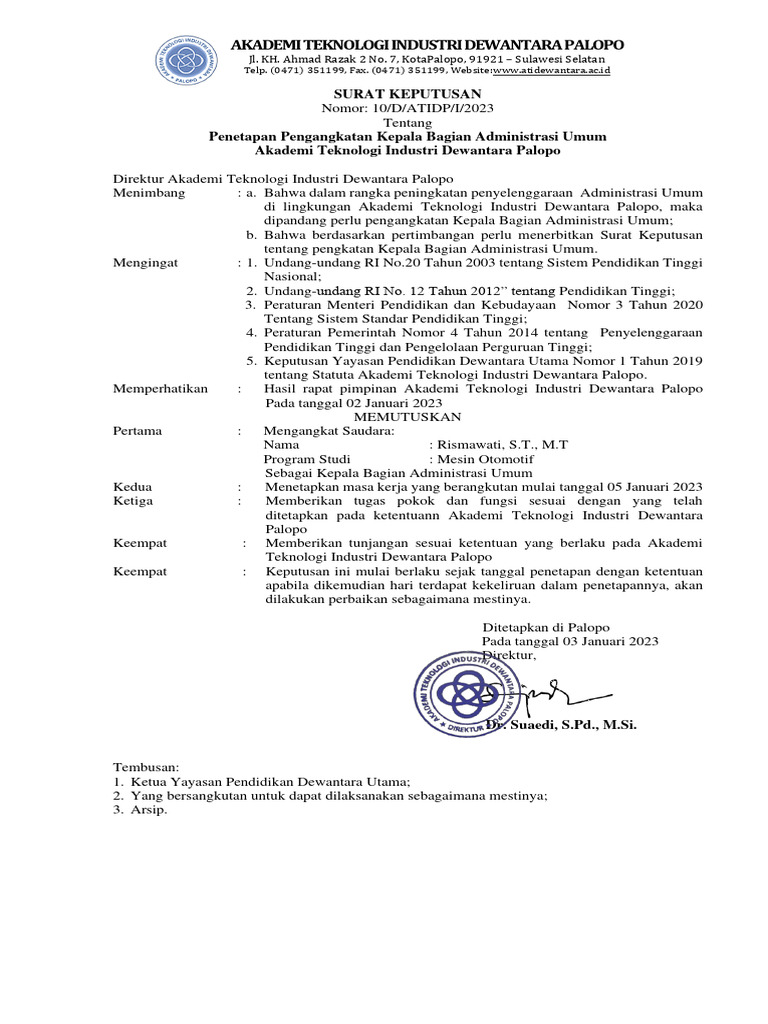 SK Pengangkatan Kabag ADM | PDF