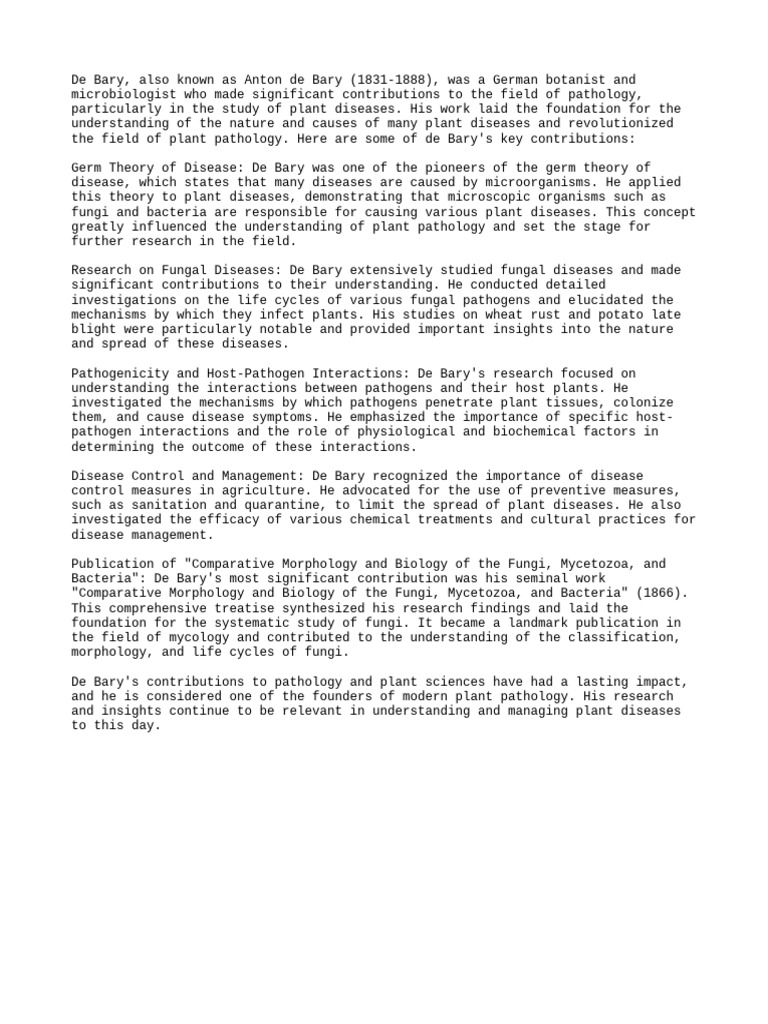 De Bary's Contributions To Pathology | PDF | Plant Pathology | Fungus
