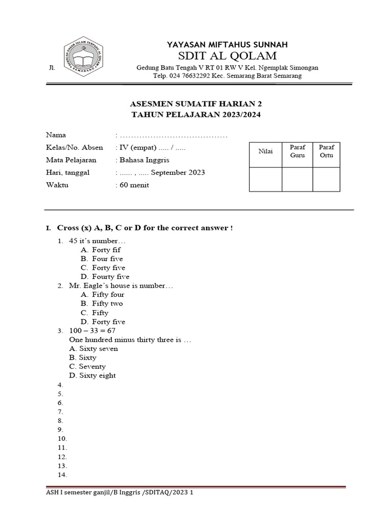 Soal Bing 4 t23 | PDF | Language Arts & Discipline