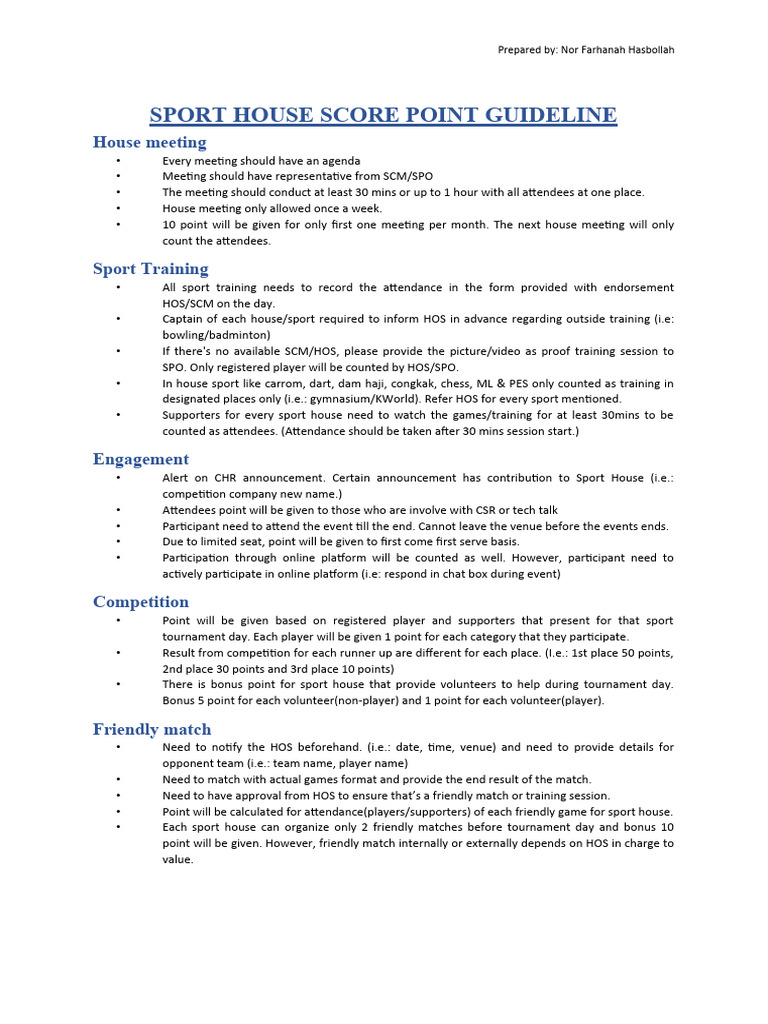 Sport House Score Point Guideline | PDF | Sports | Entertainment