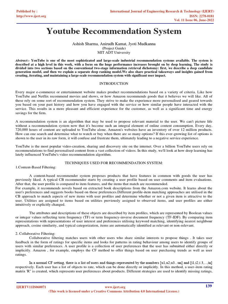 Youtube Recommendation System IJERTV11IS060071 | PDF | Computing | Information Science