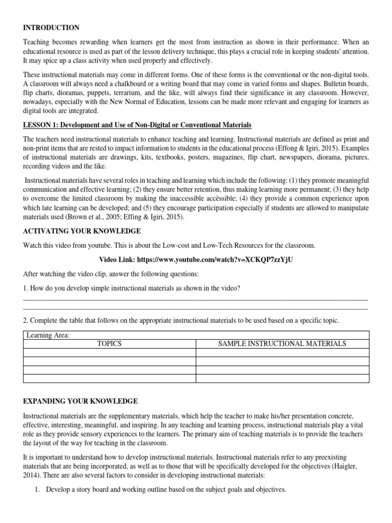 Development and Use of Non-Digital or Conventional Materials | PDF ...