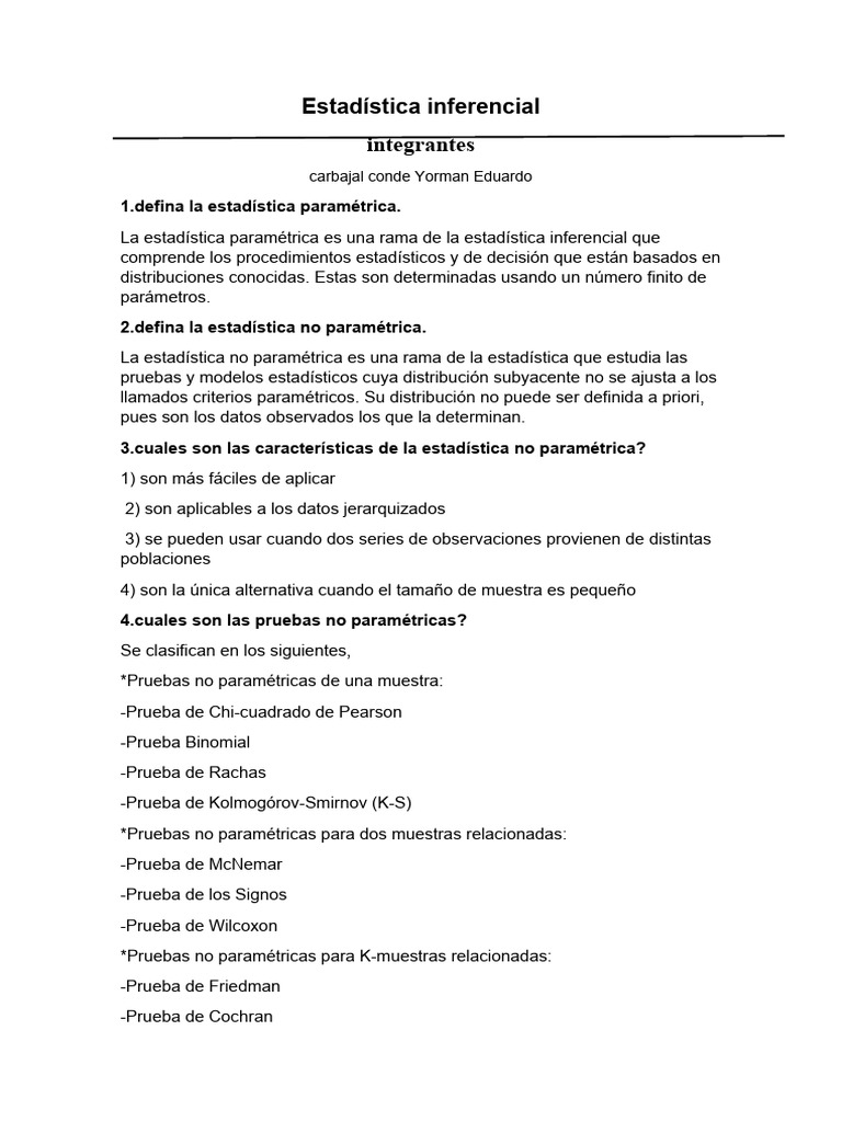 Estadística Inferencial Trabajo | PDF | Estadísticas | Estadísticas no paramétricas