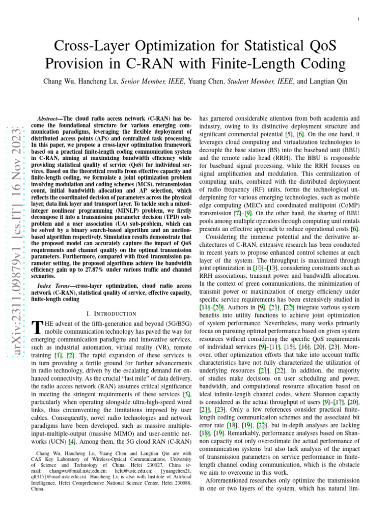 Cross-Layer Optimization For Statistical Qos Provision in C-Ran With Finite-Length Coding | PDF ...
