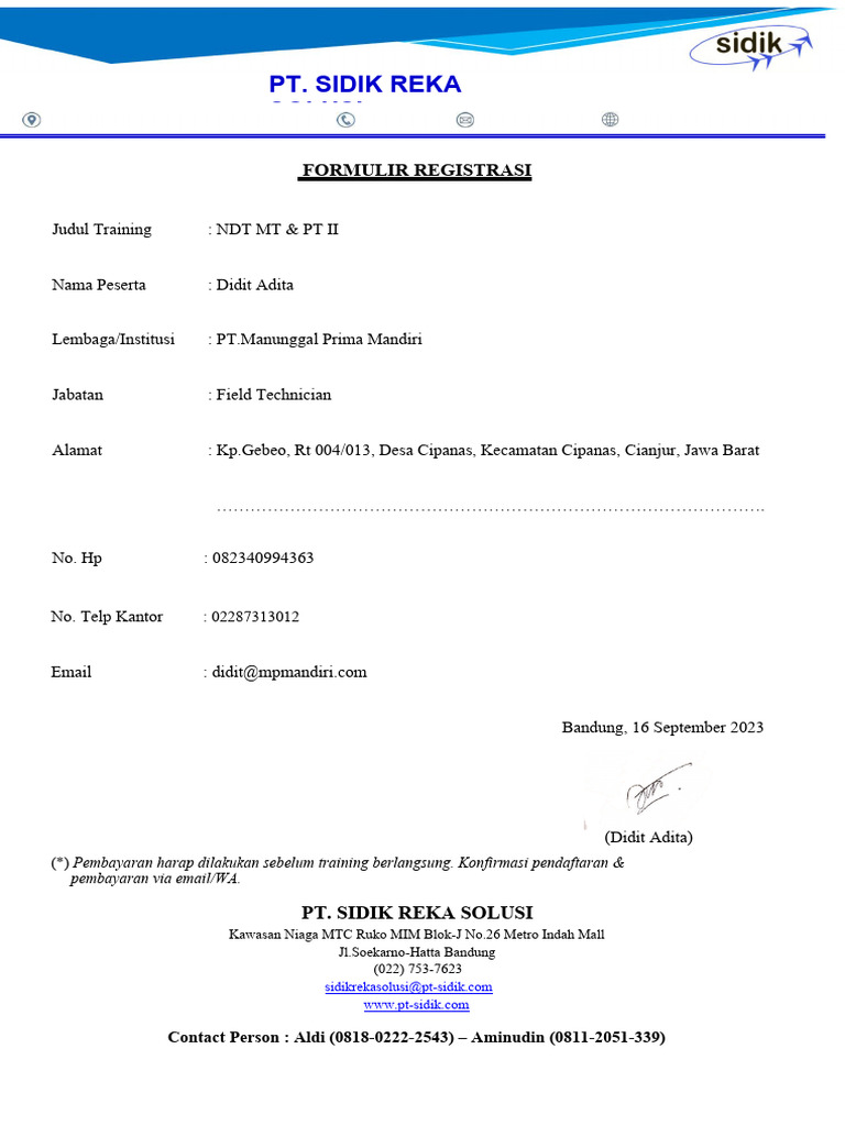 Registrasi Training NDT MT & PT II | PDF
