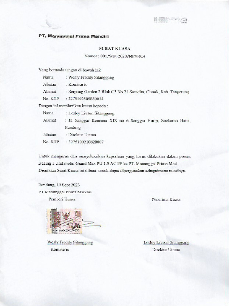 Scan Document Surat Kuasa Lesley | PDF
