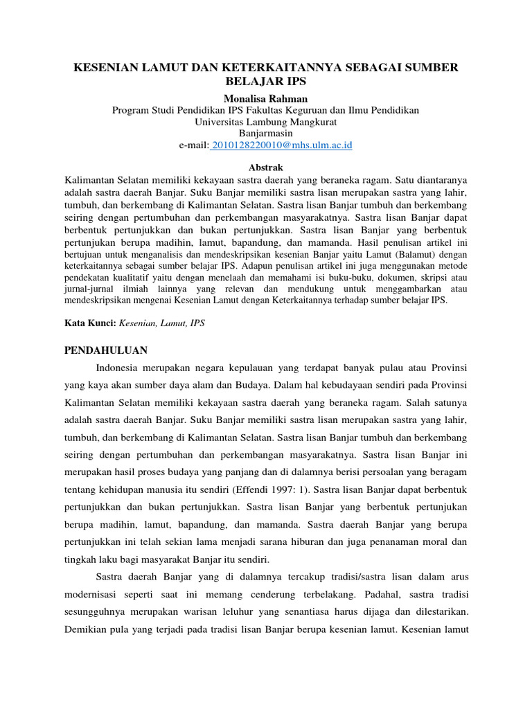 Monalisa Rahman - Artikel Tentang Kesenian Lamut (Sastra Banjar) | PDF ...