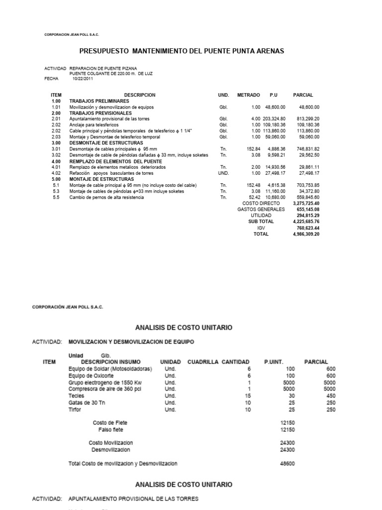 Presupuesto De Reparacionn Del Puente Pizana Pdf Materiales Calefacción Eléctrica