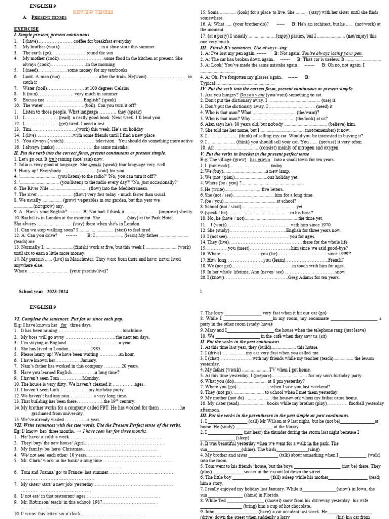 English 9 Tenses Review Exercises | PDF | Grammar | Language Mechanics
