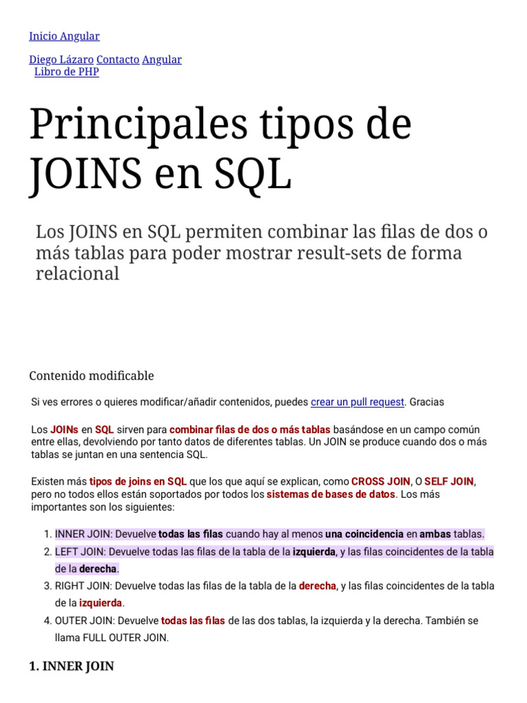 Principales Tipos de JOINS en SQL | PDF | SQL | Bases de datos