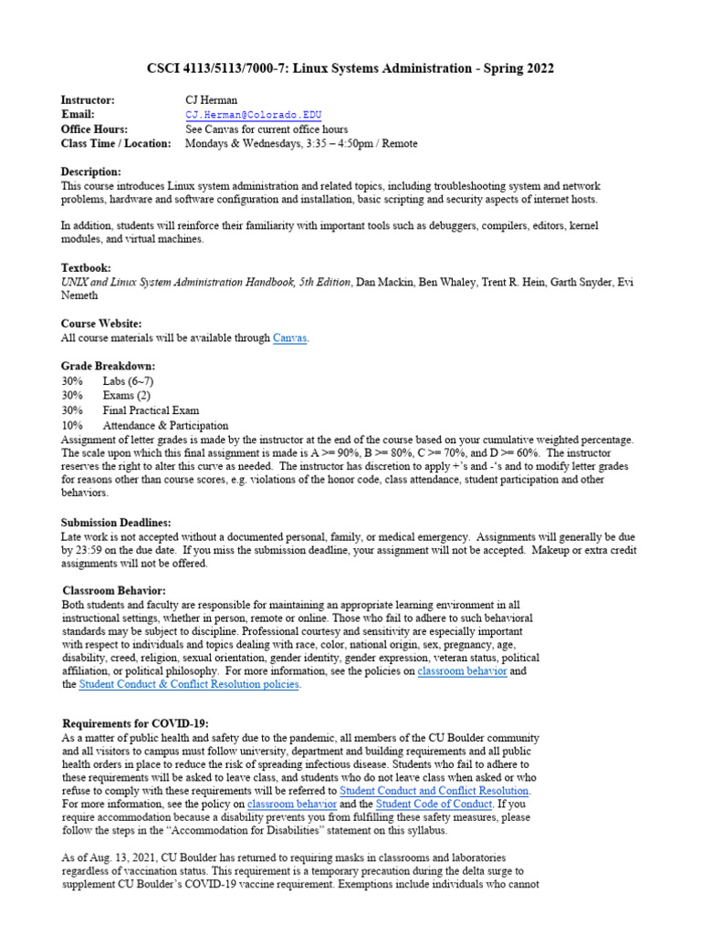 Csci 5113 - Linux Admin - Herman - Spring 2022 | PDF | Academic Dishonesty | Linux