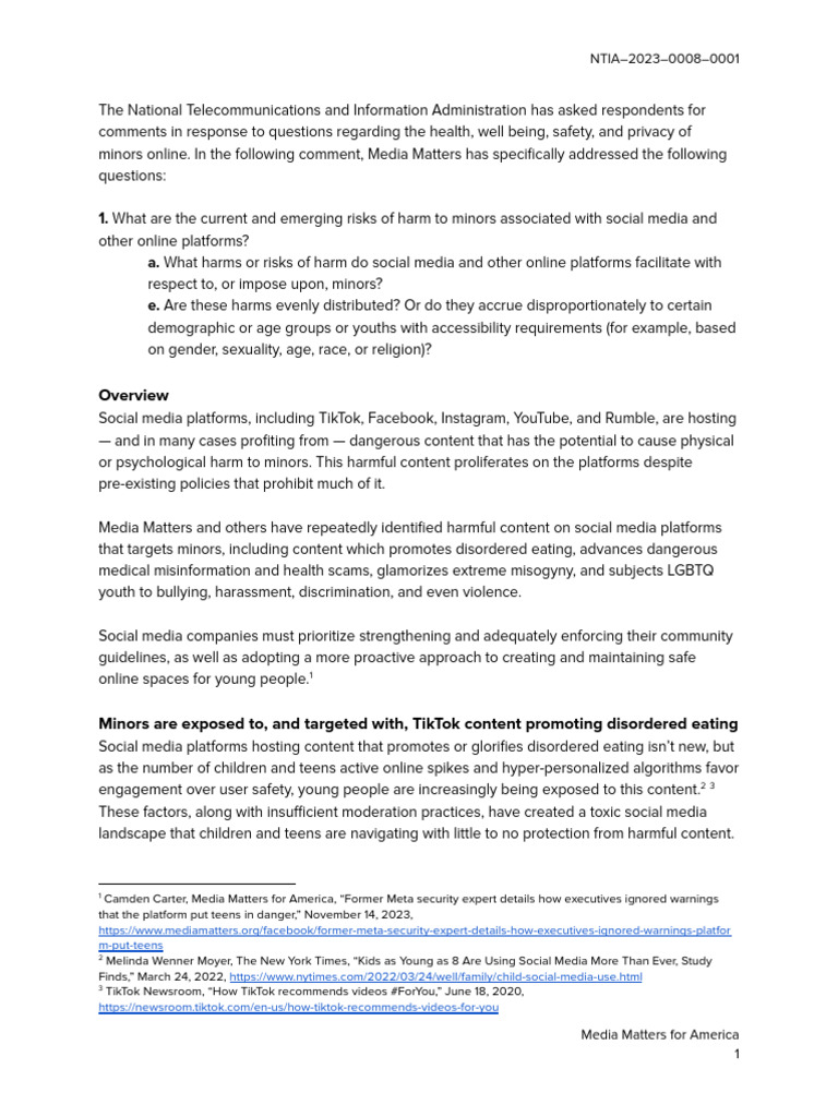 Media Matters For America Public Comment Ntia 2023 0008 0001 Pdf Social Media Popular 