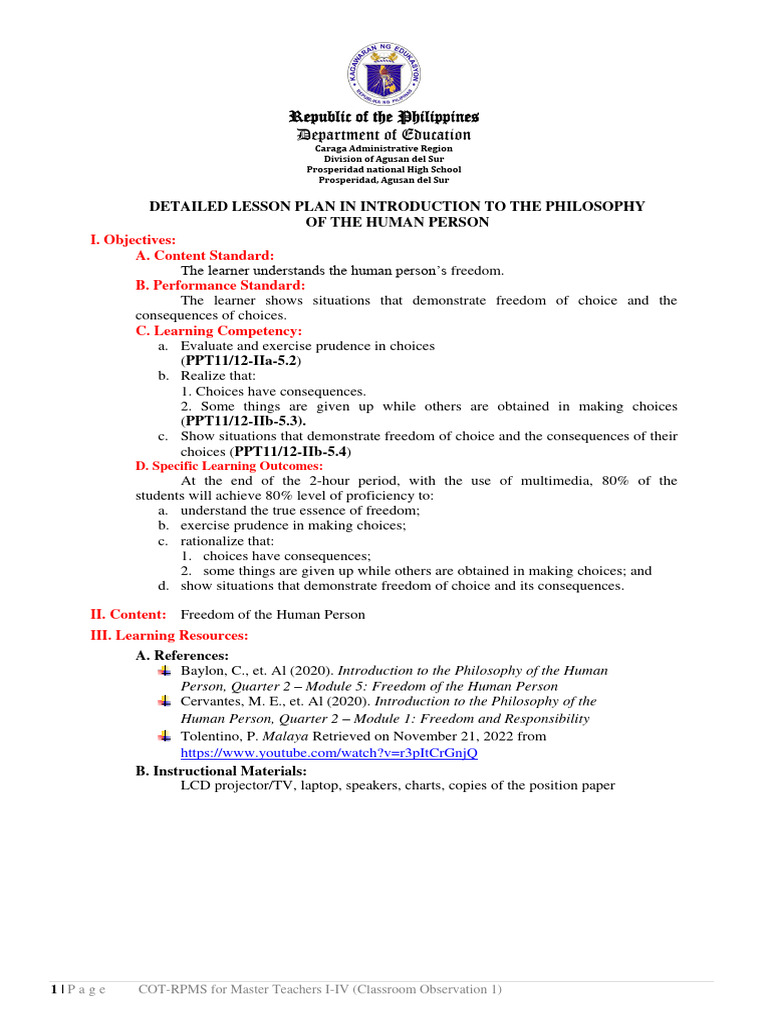 Lesson Plan in Freedom of Choice | PDF | Free Will | Knowledge