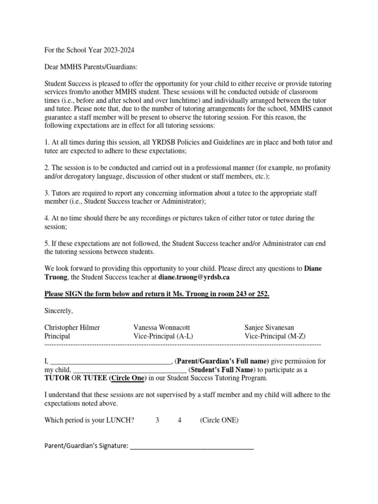 Peer Tutor Permission Form | PDF