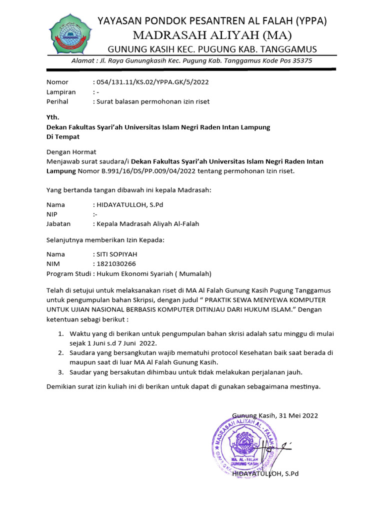 No 54 SURAT BALASAN IJIN PENELITIAN | PDF