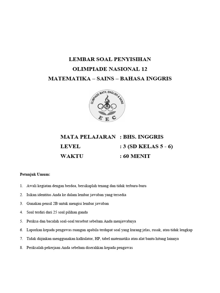 Soal Eng Level 3 Omnas 12 | PDF | Food And Drink