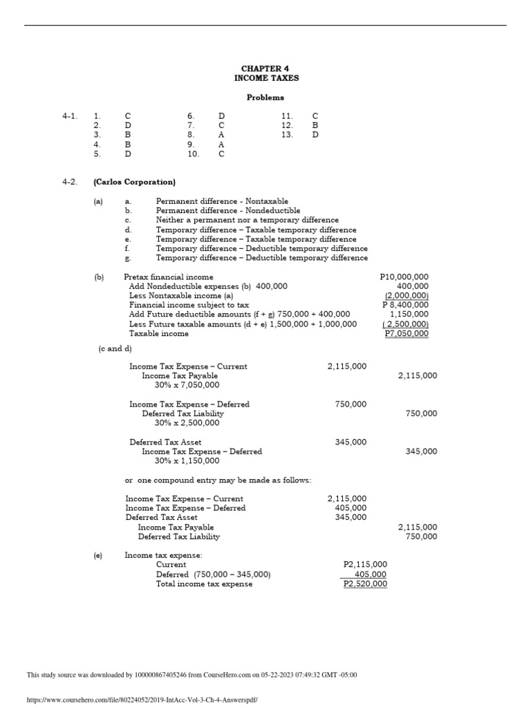 2019 IntAcc Vol 3 CH 4 Answers | PDF | Deferred Tax | Tax Expense