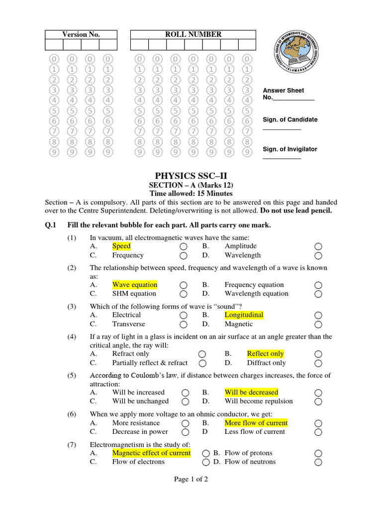 Physics SSC-II Solution | PDF | Transformer | Inductor