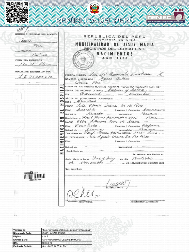 Acta-Nacimiento-1002618395 Marco Arana Vera | PDF | Perú | Comunidad andina