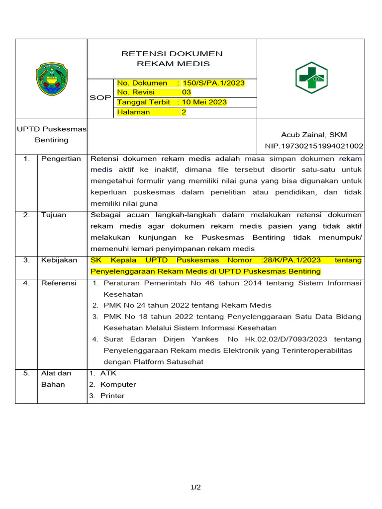 150 - SOP RETENSI DOKUMEN REKAM MEDIS - Docx - Edit | PDF
