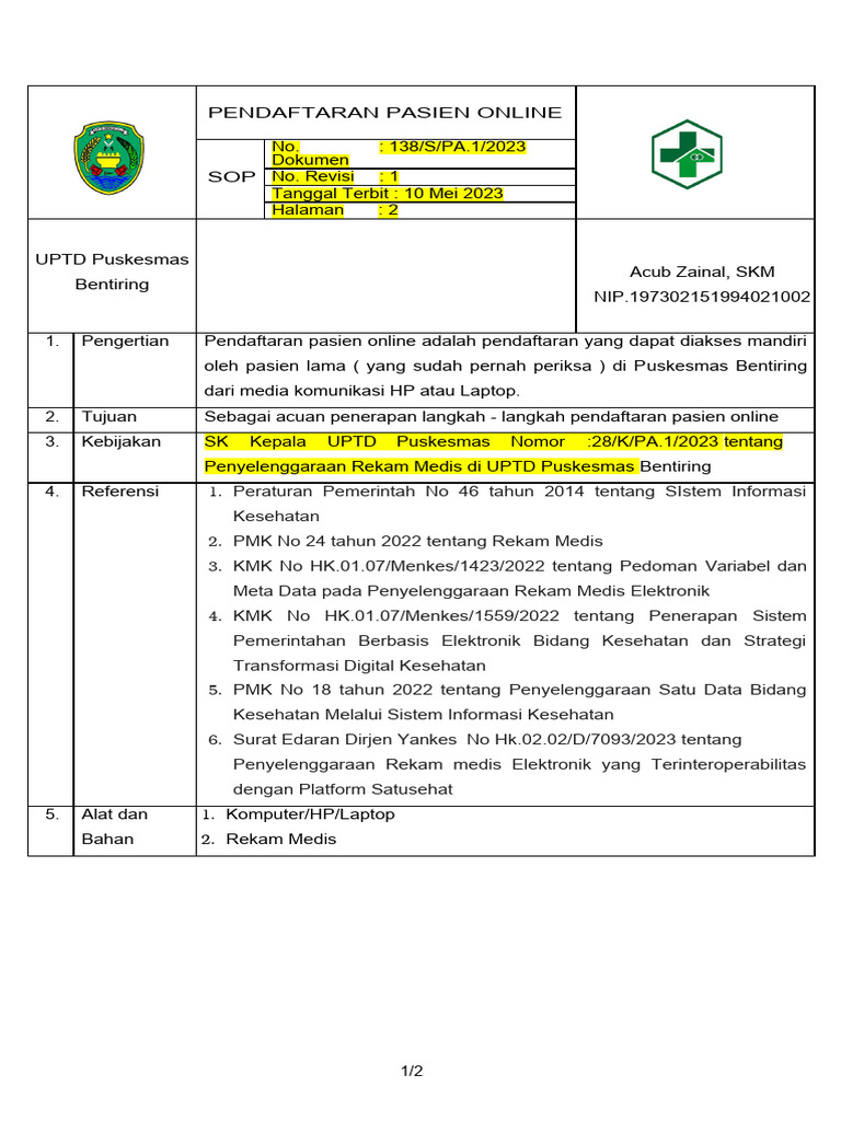 138 - SOP Pendaftaran Pasien Online - Docx - Edit | PDF