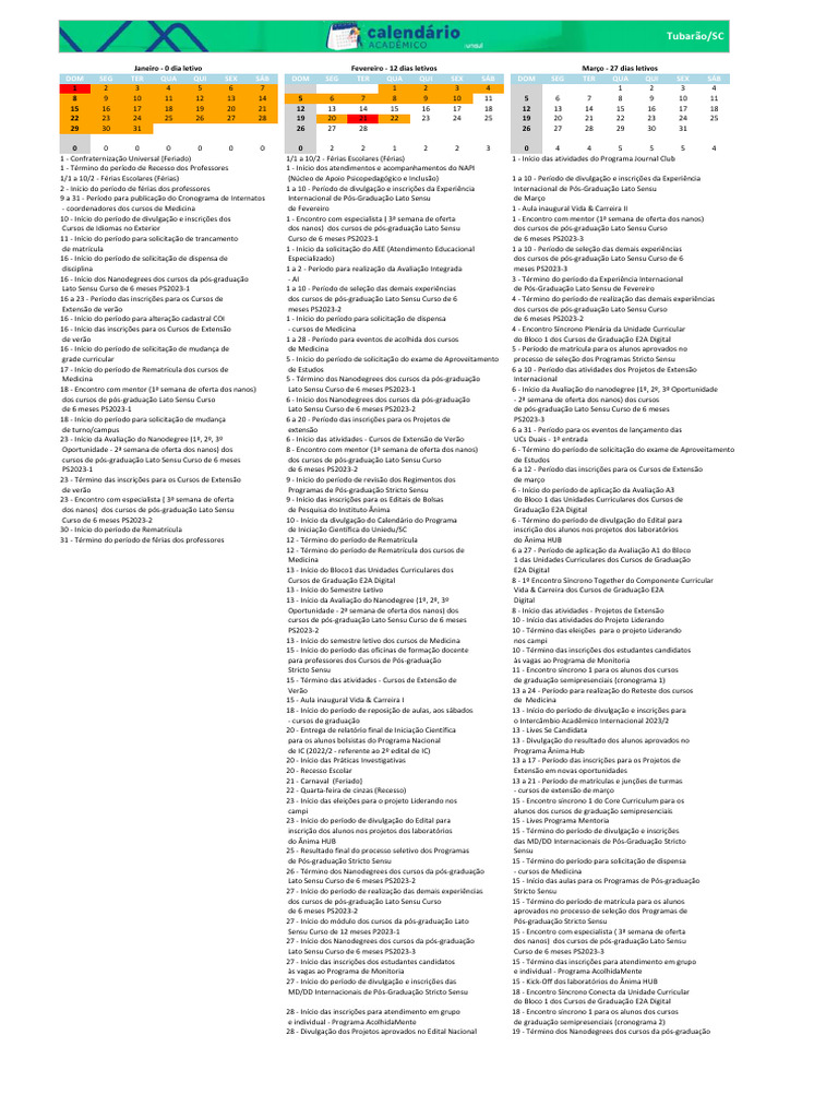 Calendario-2023 Unisul Tubarao Aluno 25-07-2023 | PDF | Pós-graduação ...