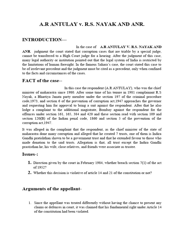 A.R. ANTULAY v. R.S. NAYAK AND ANR. | PDF | Criminal Procedure In South ...
