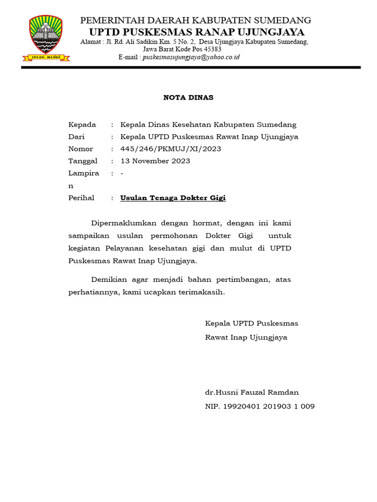 Nota Dinas Kebutuhan Dokter Gigi | PDF